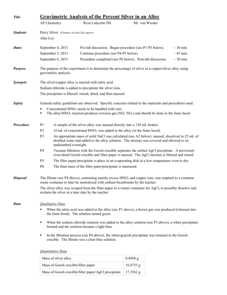 Gravimetric Analysis Silver In Alloy Lab Report