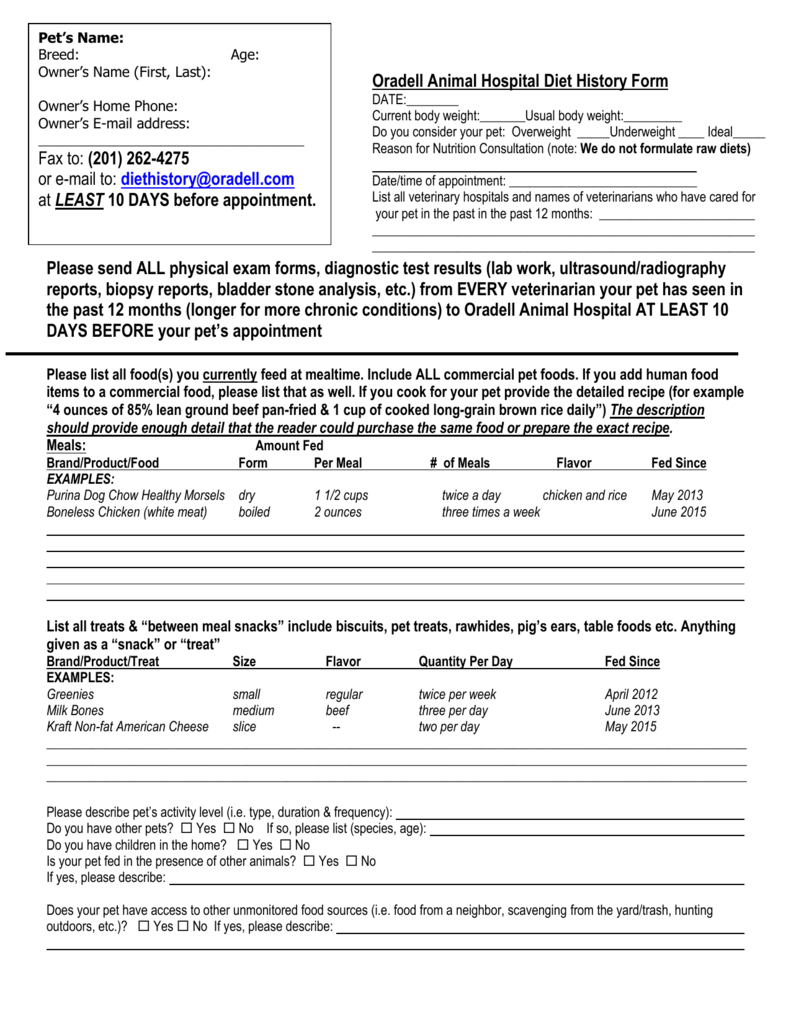 Diet And Nutrition History Form