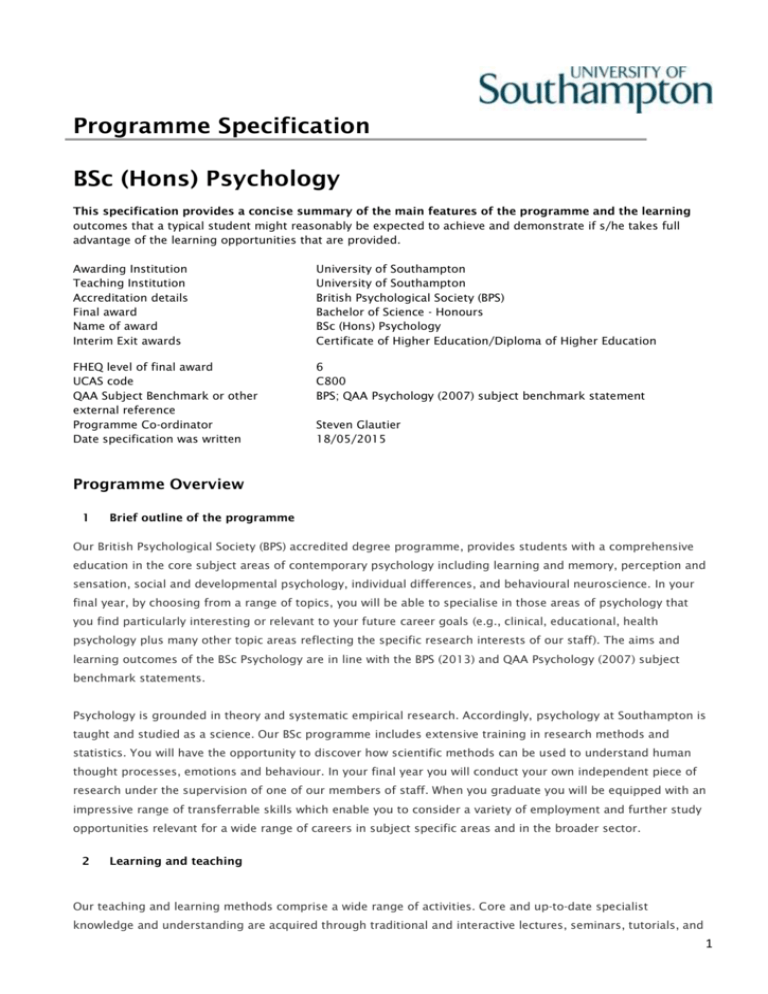 Programme Specification BSc Psychology