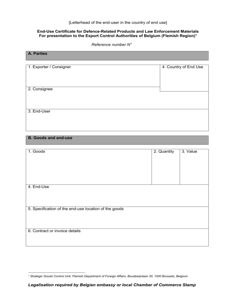 End Use Certificate For Defence Related Products