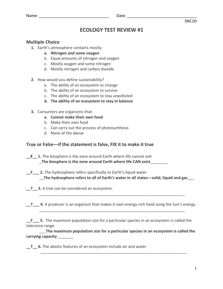 Ecology Test Review SNC1D Practice Questions Answers