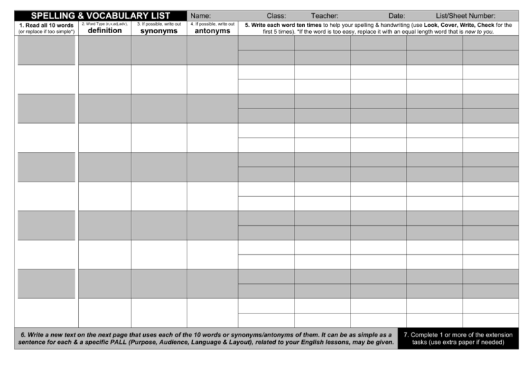 Spelling Vocabulary Handout Template Spelling Vocabulary Handout Template