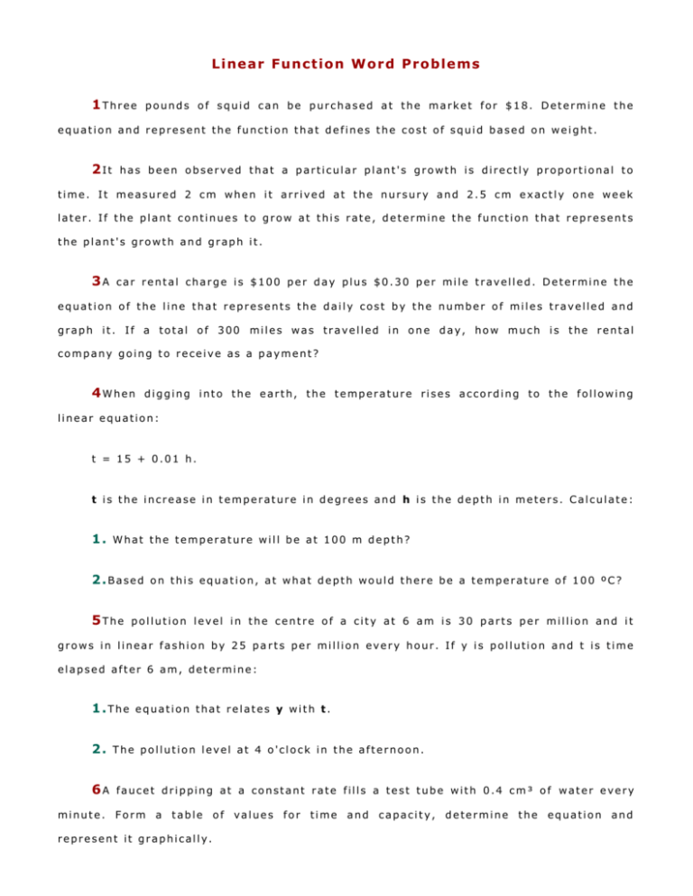 Linear Function Word Problems