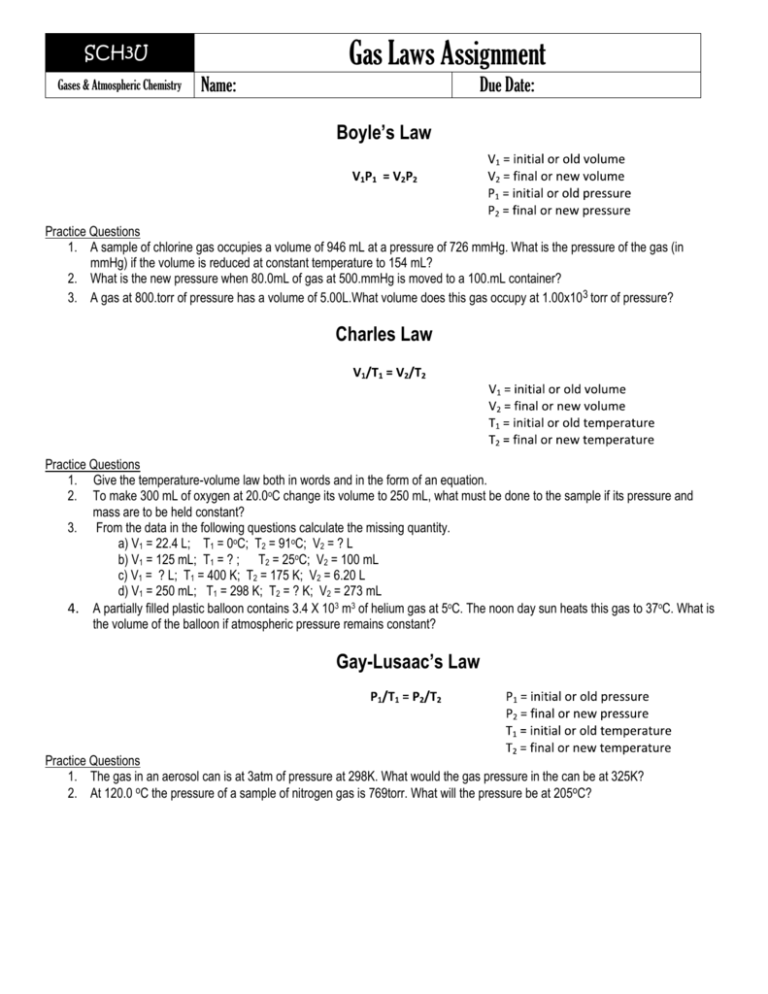 Gas Laws Chemistry Assignment: Practice Problems & Questions