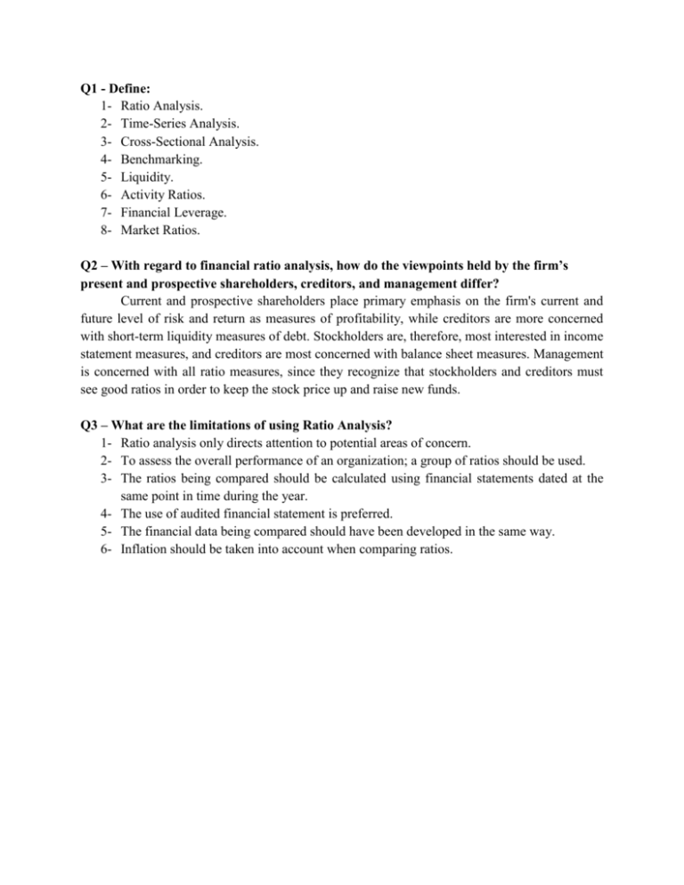 Q1 Define Ratio Analysis Time Series Analysis Cross