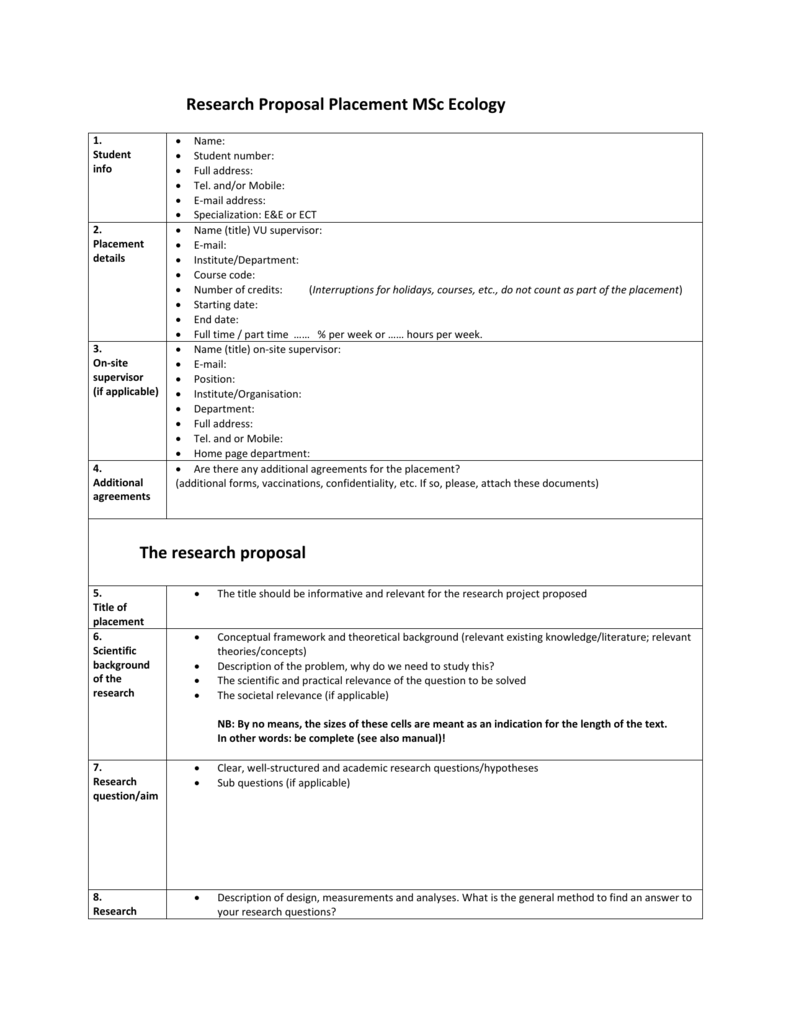 Form For Research Proposal Placement MSc Ecology