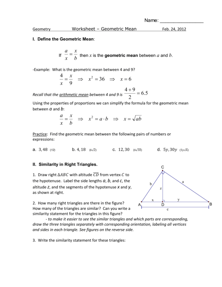 Worksheet Geometric Mean Worksheet Geometric Mean