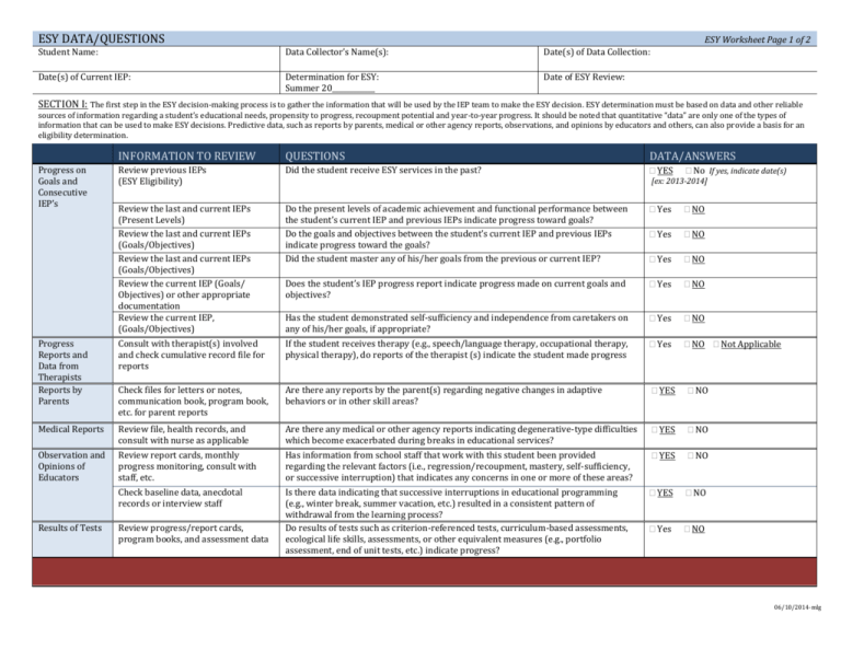 ESY Eligibility Form Everett Area School District ESY Eligibility Form Everett Area School District