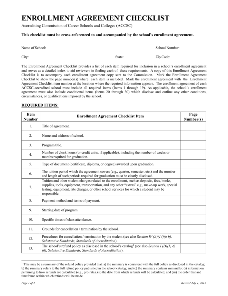 Enrollment Agreement Checklist - ACCSC Compliance