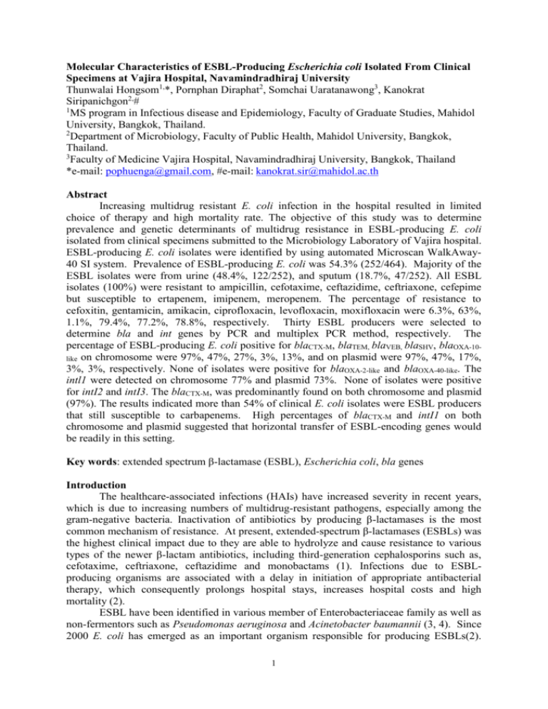 Molecular Characteristics Of ESBL Molecular Characteristics Of ESBL