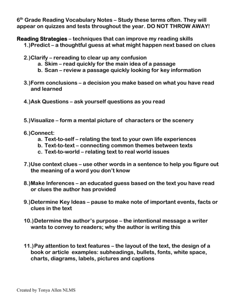 Reading Vocabulary Notes
