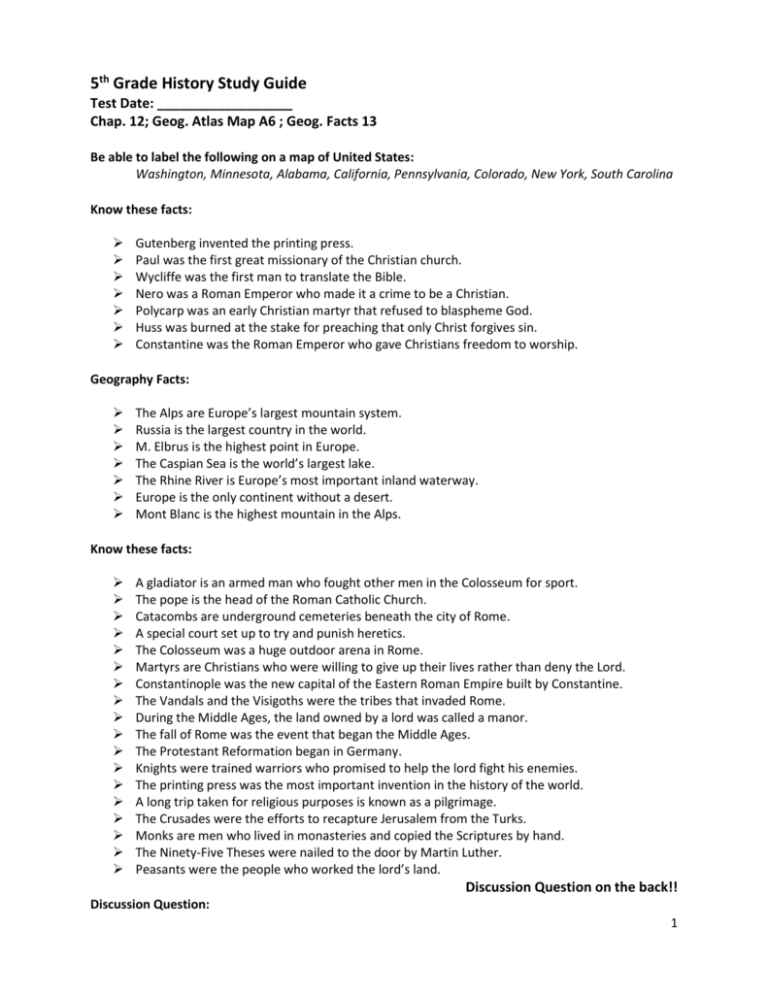 5th Grade History Study Guide