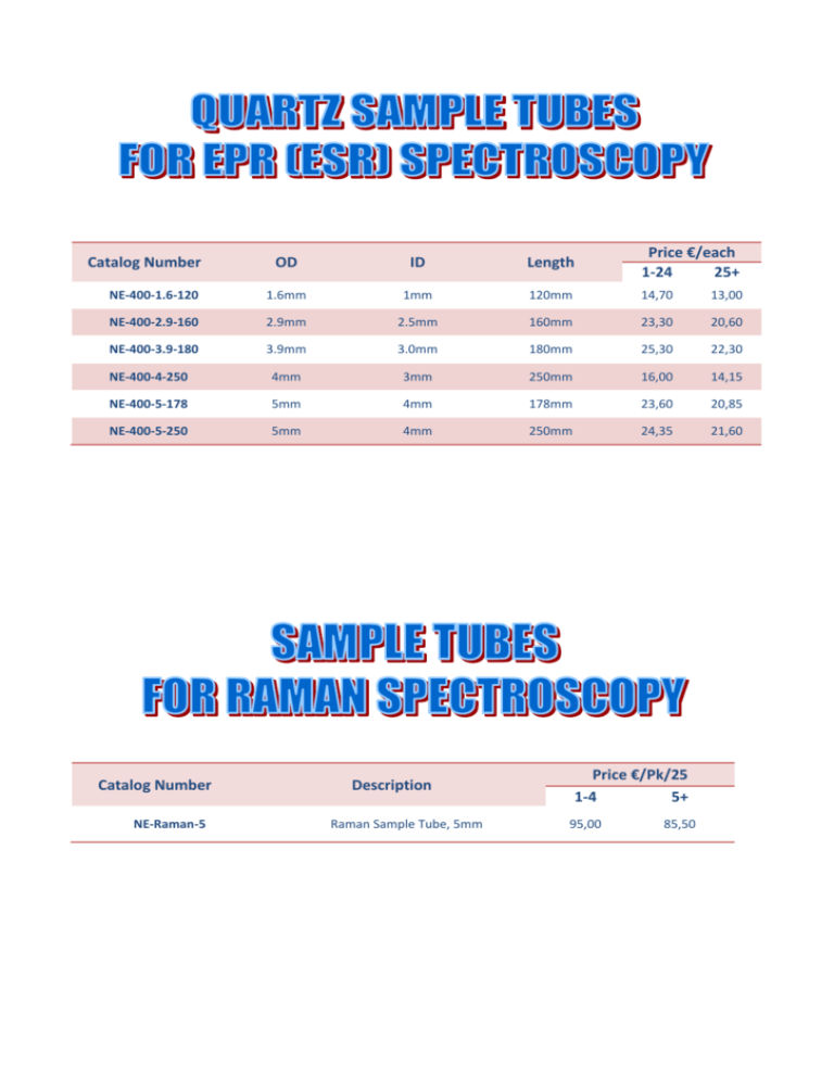 quartz sample tubes for epr (esr) spectroscopy