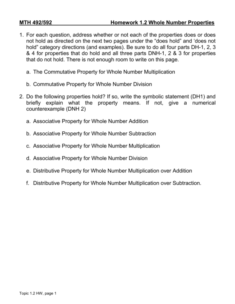 Topic 1 2 Whole Number Properties HW Topic 1 2 Whole Number Properties HW