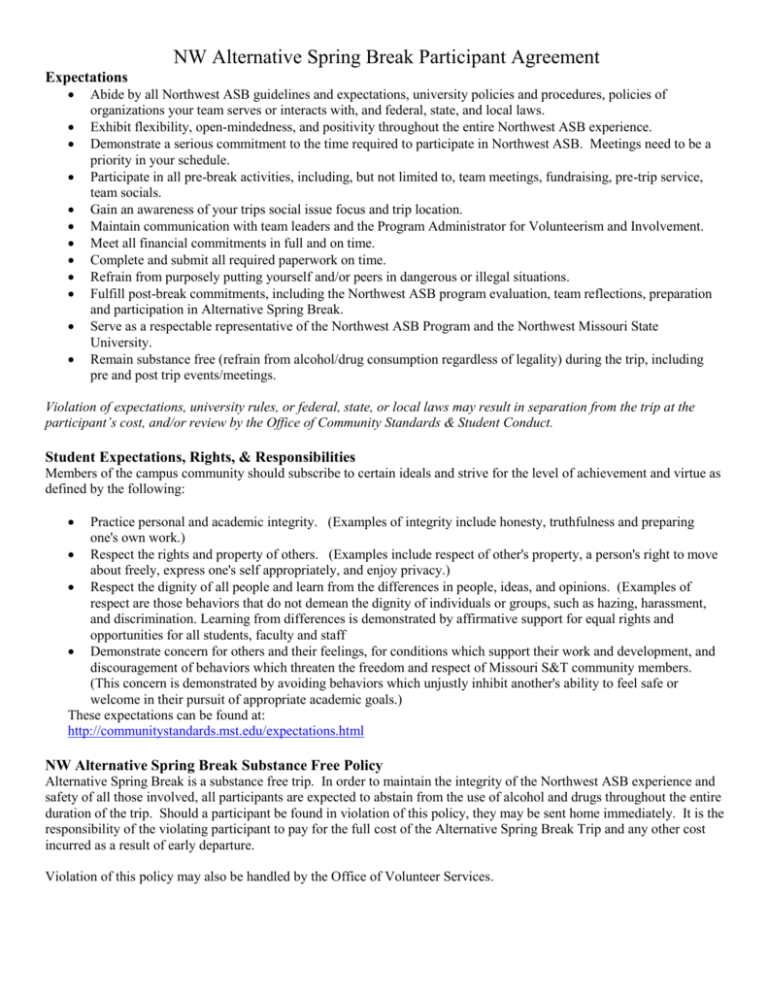 NW Alternative Spring Break Participant Agreement Expectations