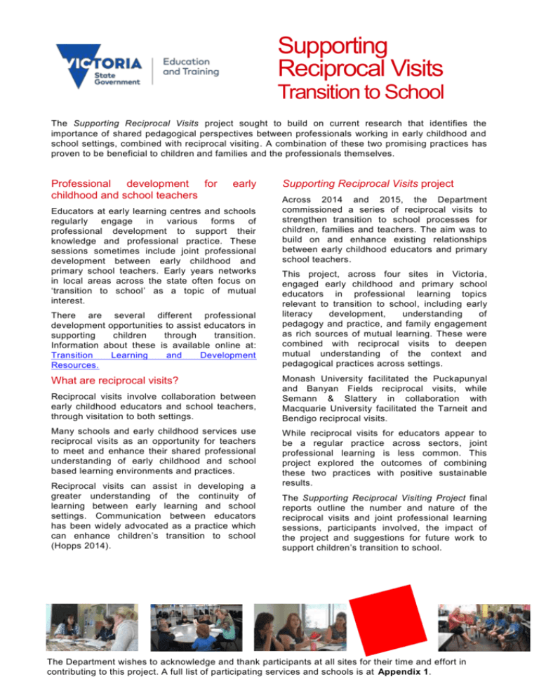 Supporting Reciprocal Visits, Transition to School