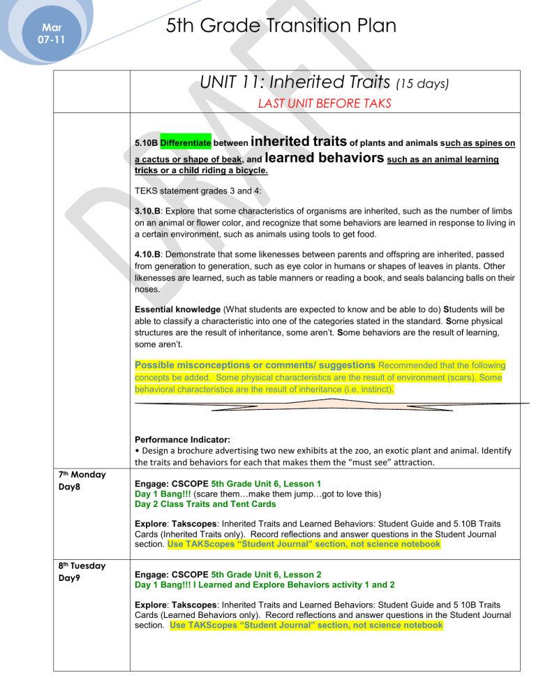 5th Grade Transition Plan