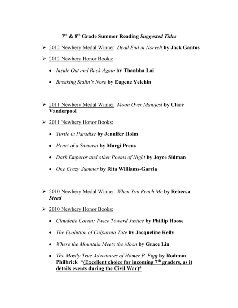7th 8th Grade Summer Reading Suggested Titles 7th 8th Grade Summer Reading Suggested Titles