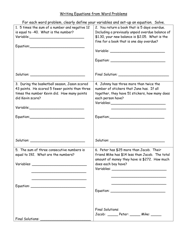 NOTES Writing Equations From Word Problems