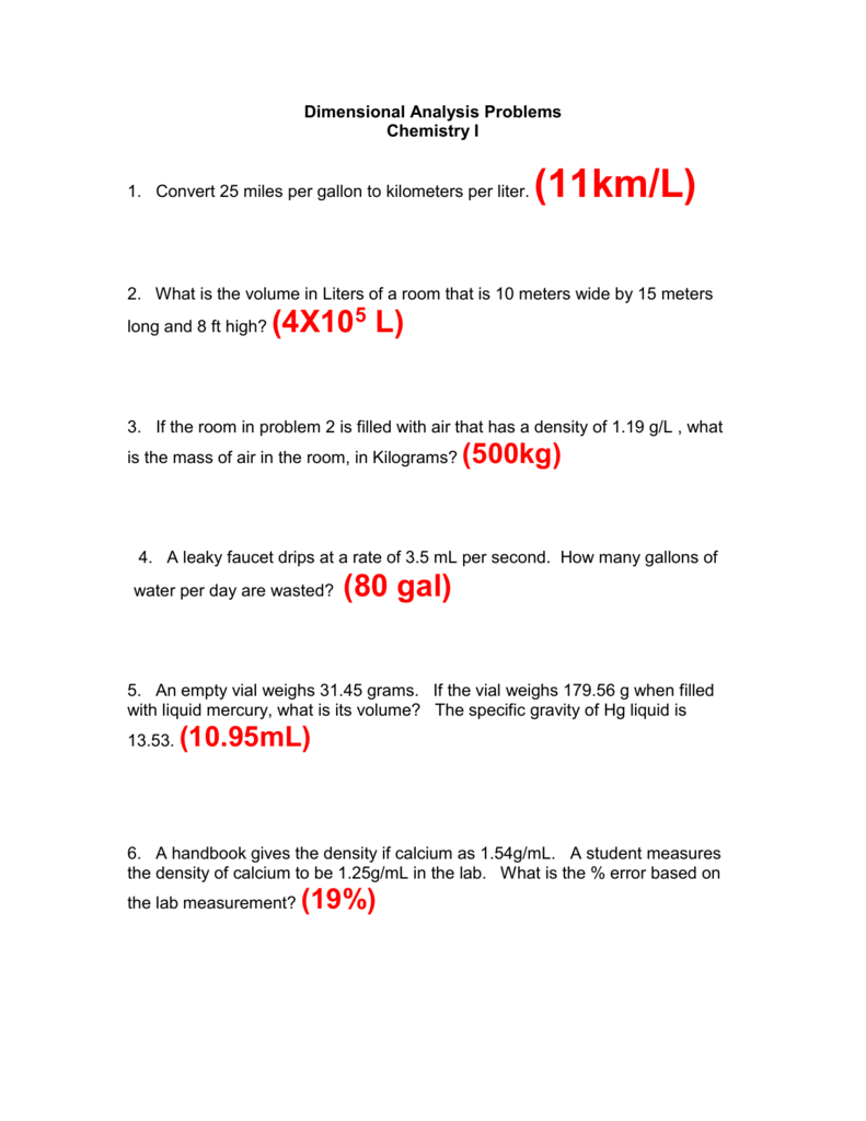 Dimensional Analysis Worksheet Chemistry