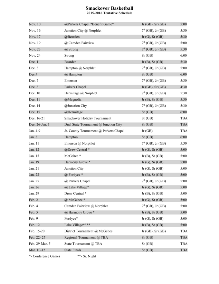 2015-2016 Smackover Basketball Schedule