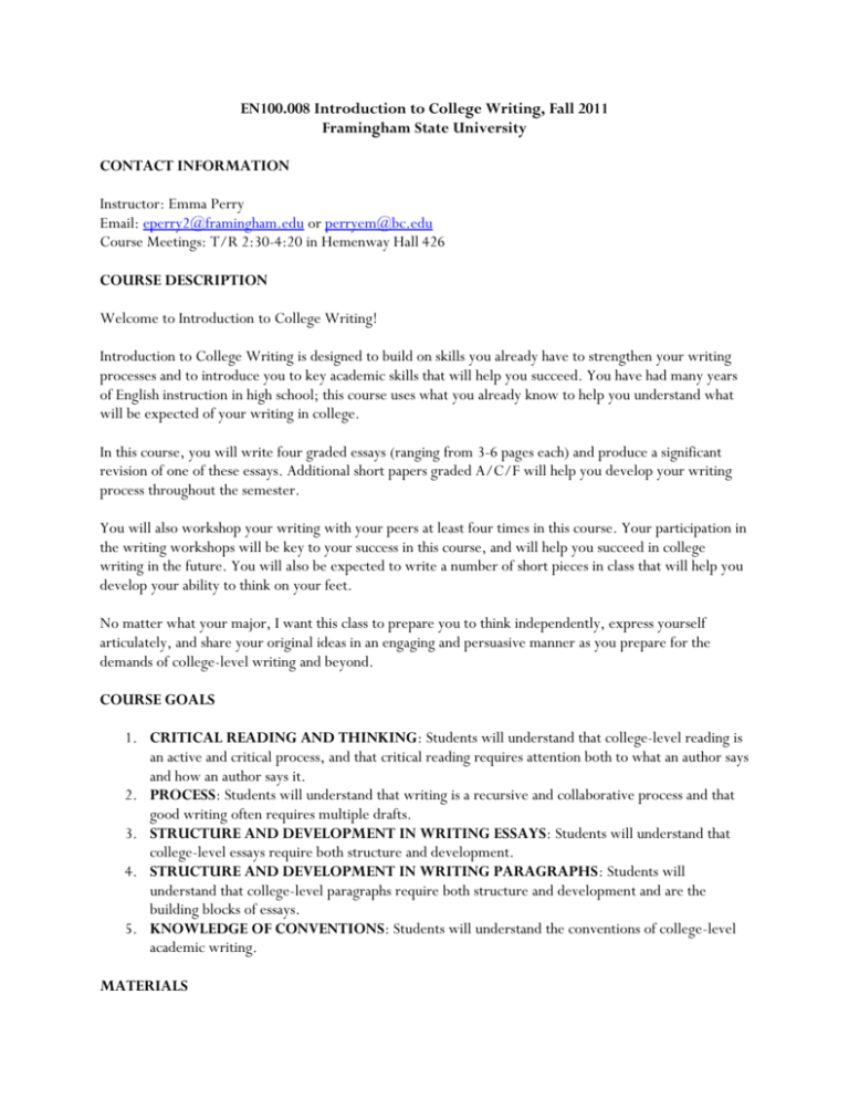 Introduction to College Writing Framingham State Syllabus