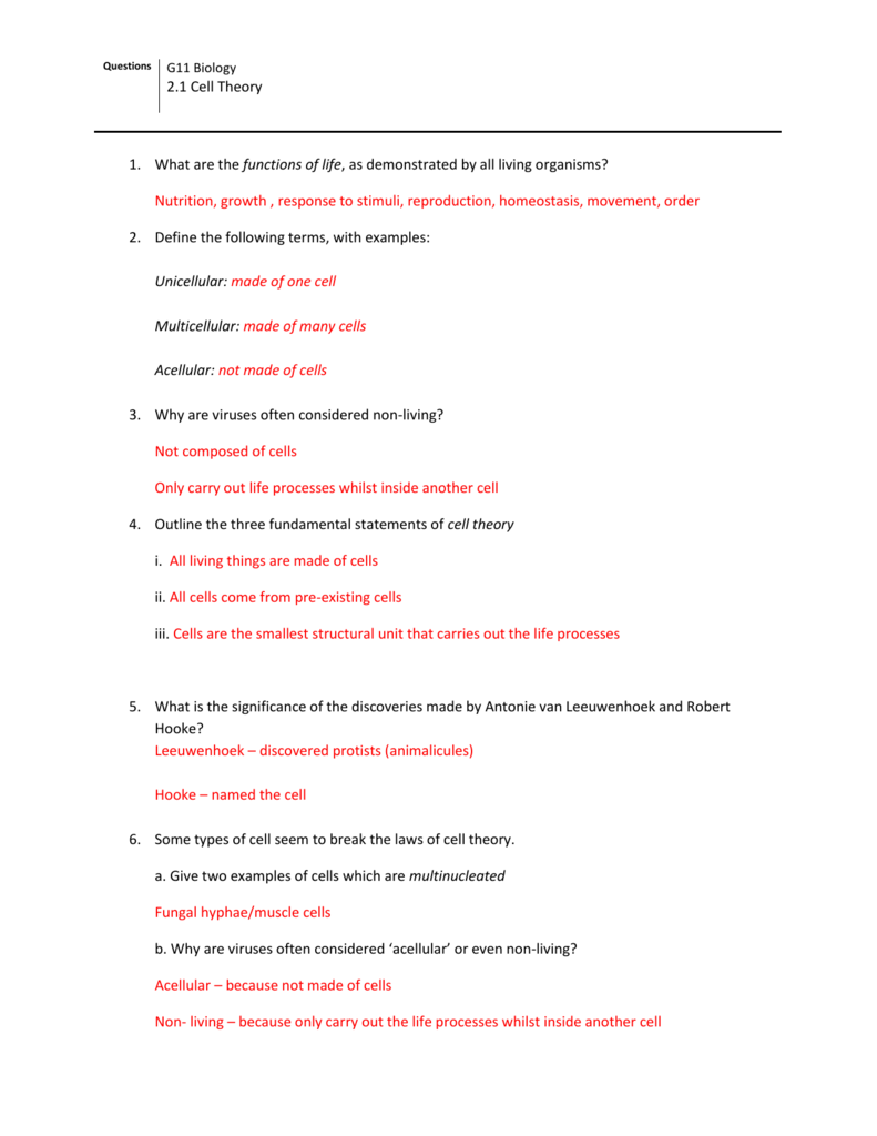 2 1 Cell Theory Questions Answered 2 1 Cell Theory Questions Answered
