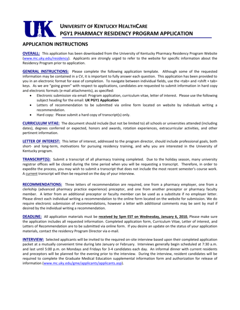 University of Kentucky Pharmacy Residency Application
