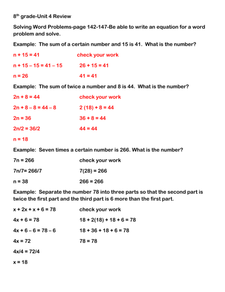 8th Grade Unit 4 Review Solving Word Problems page 142 147