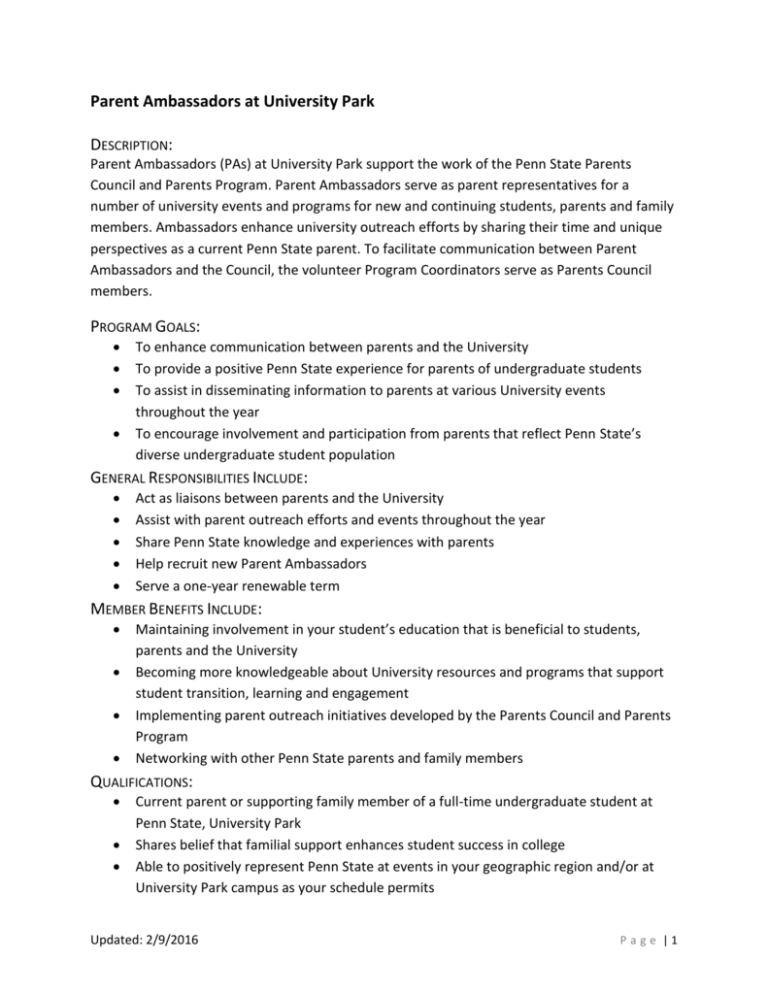Parent Ambassador Position Description