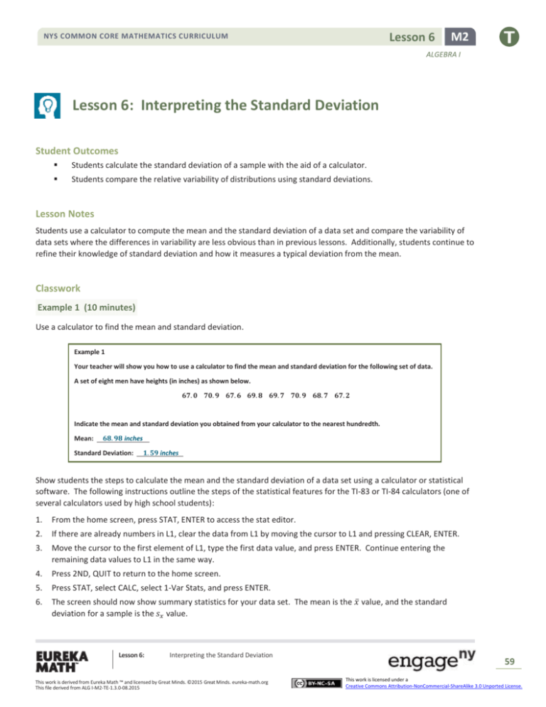 Lesson 6: Interpreting the Standard Deviation - Algebra I