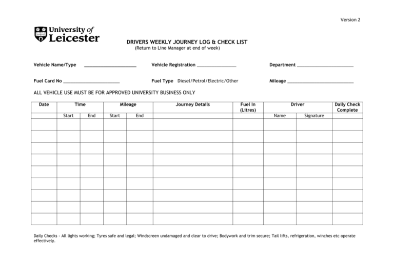 Vehicle Log Sheet
