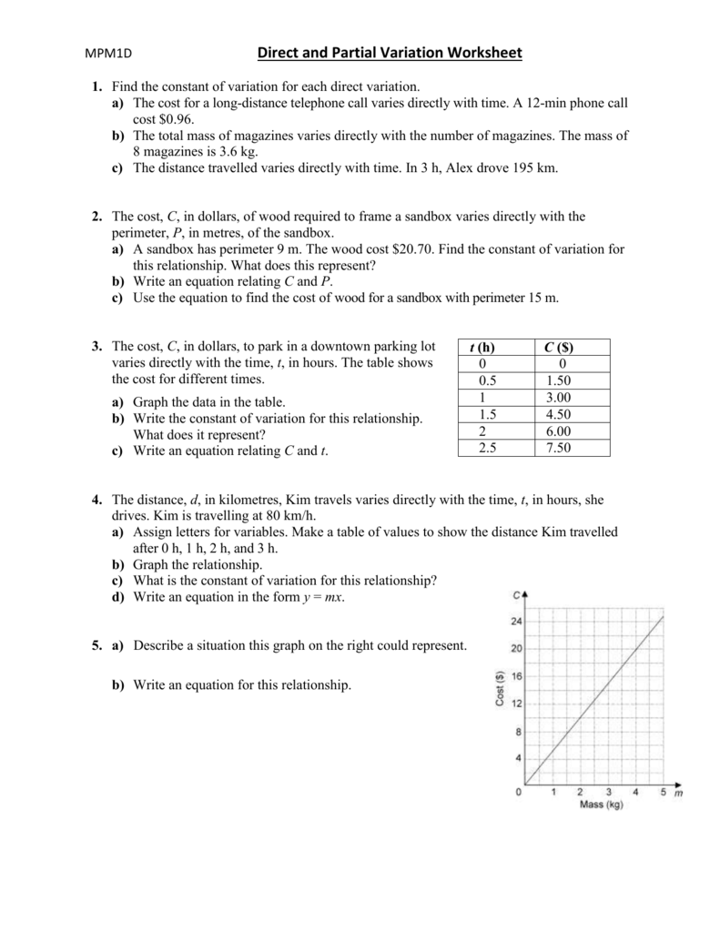 Direct Variation Word Problems Worksheet