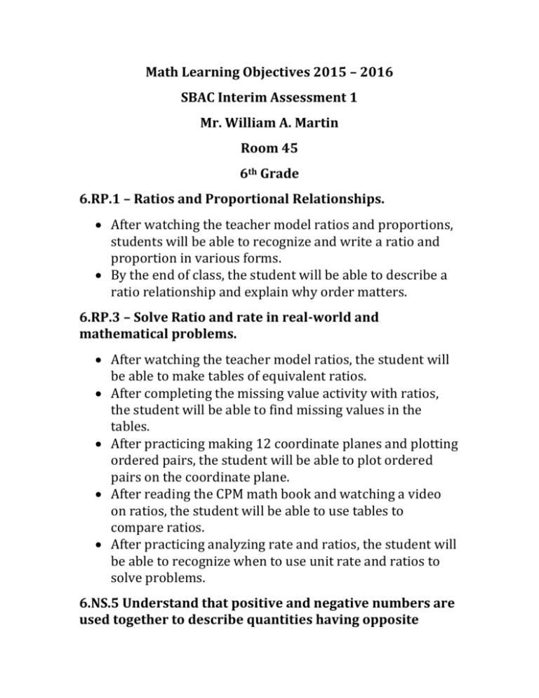Math Learning Objectives 2015 2016