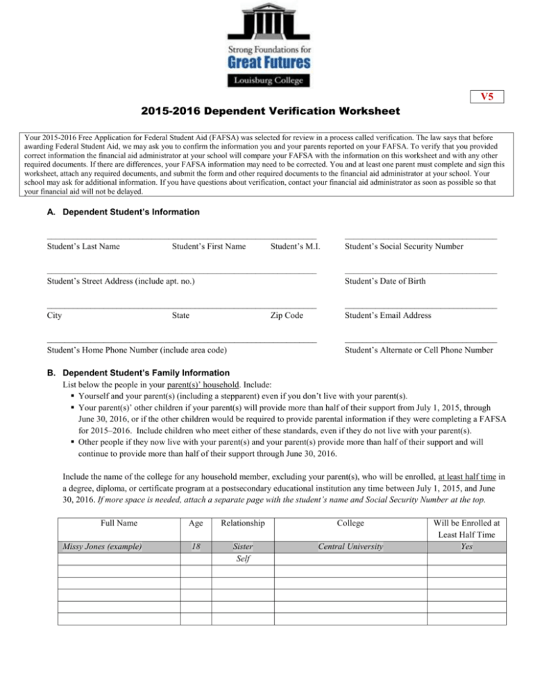 V5 2015 2016 Dependent Verification Worksheet Your 2015