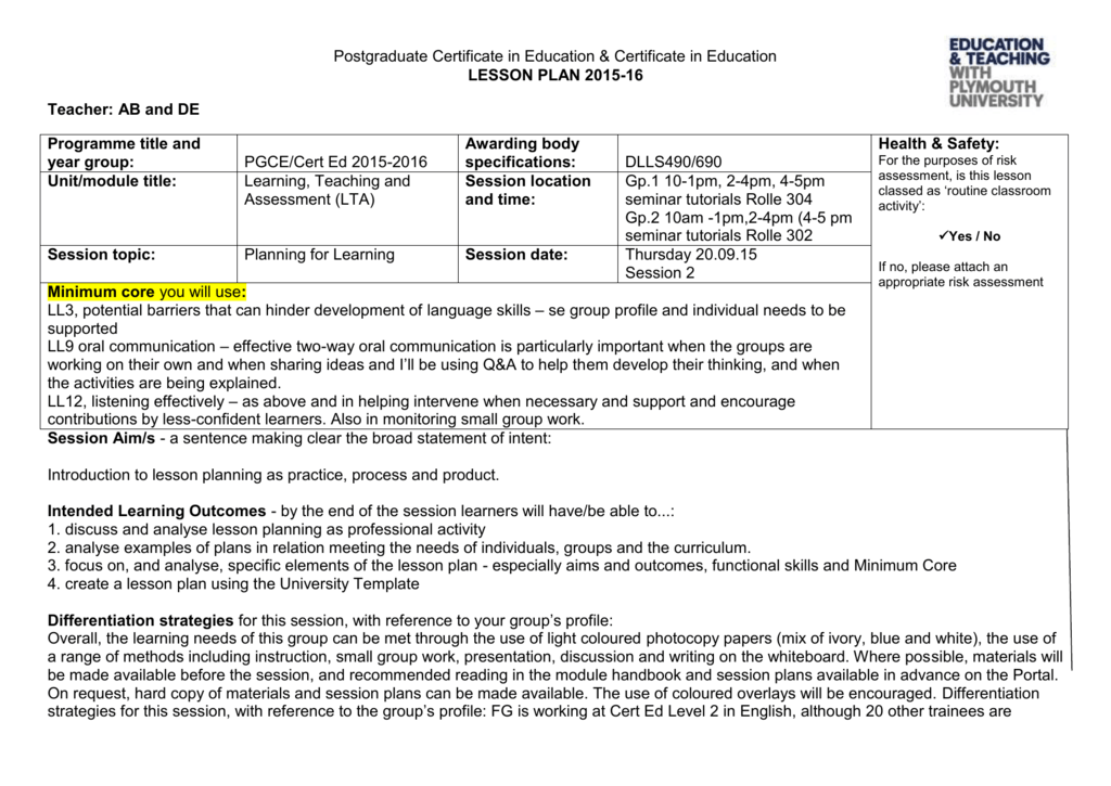 2015 16 Example Lesson Plan