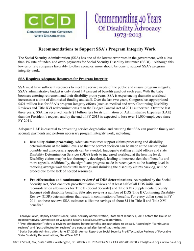 Recommendations To Support SSA s Program Integrity Work