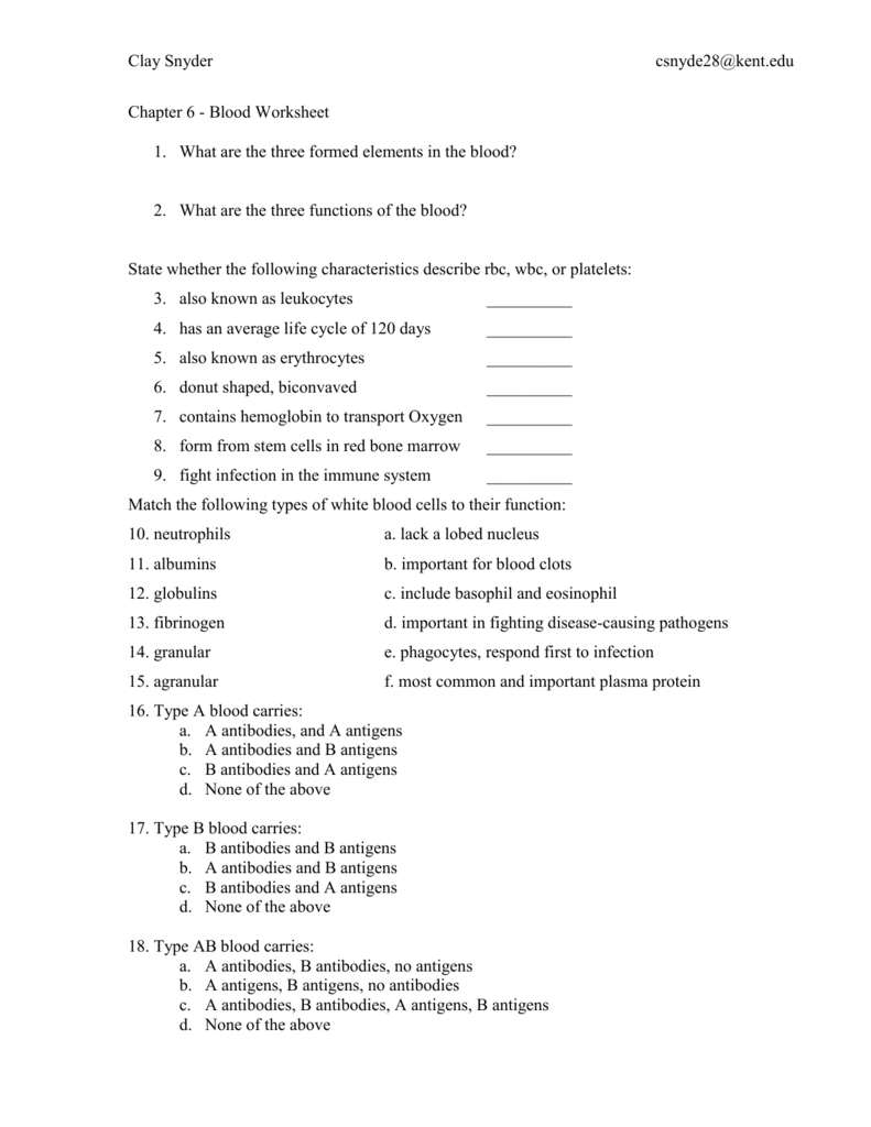 Blood Worksheet Kent State University Blood Worksheet Kent State University