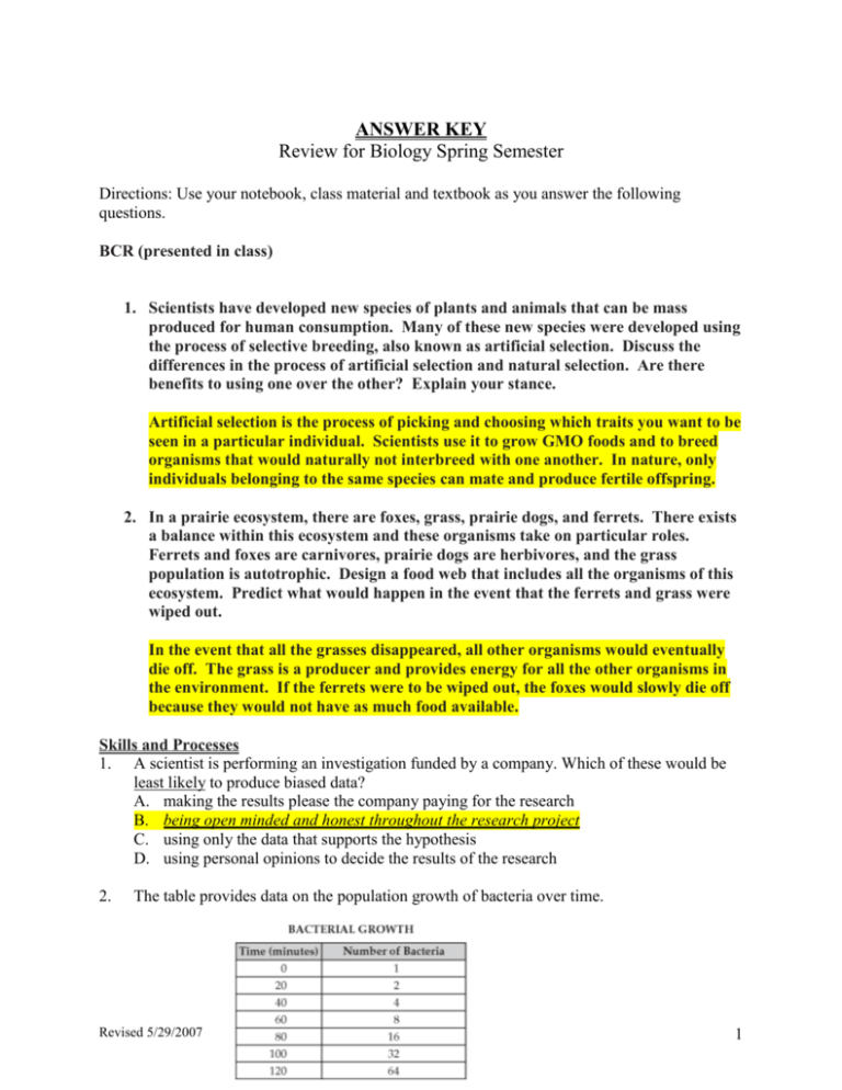 Updated Semester Two Review Sheet Answer Key