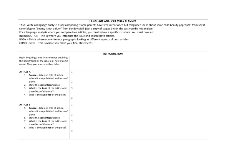LANGUAGE ANALYSIS ESSAY PLANNER
