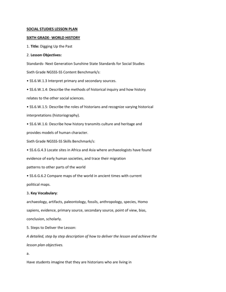 SOCIAL STUDIES LESSON PLAN SIXTH GRADE