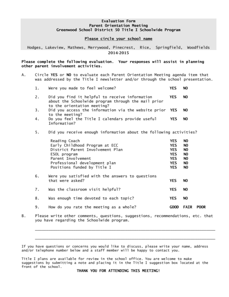 Parent Orientation Meeting Evaluation