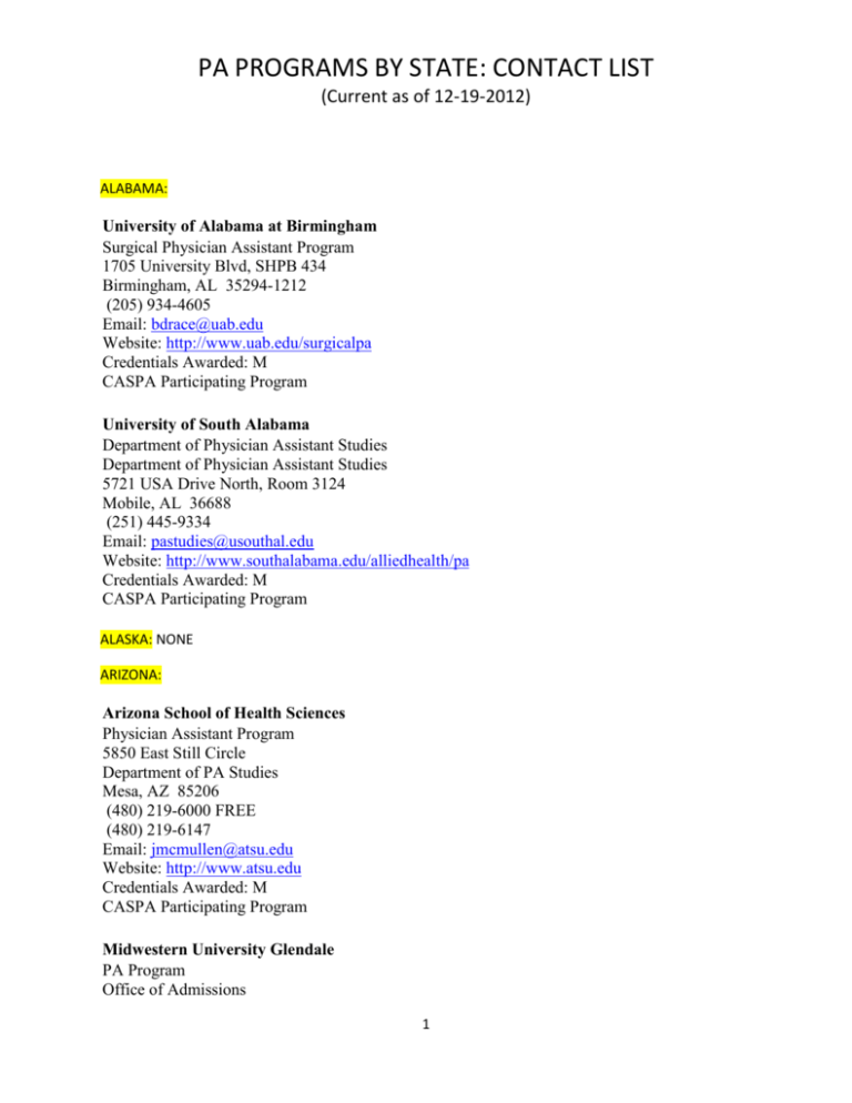 Paea List Of Accredited Pa Programs By State