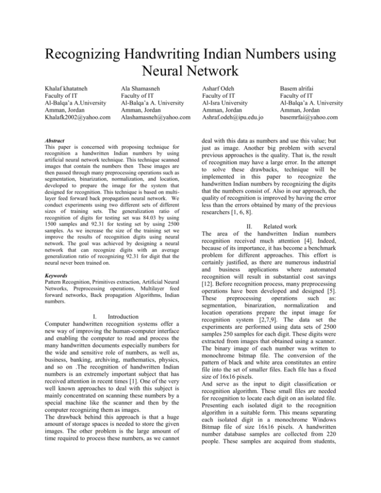 Recognizing Handwriting Indian Numbers Using Neural Network