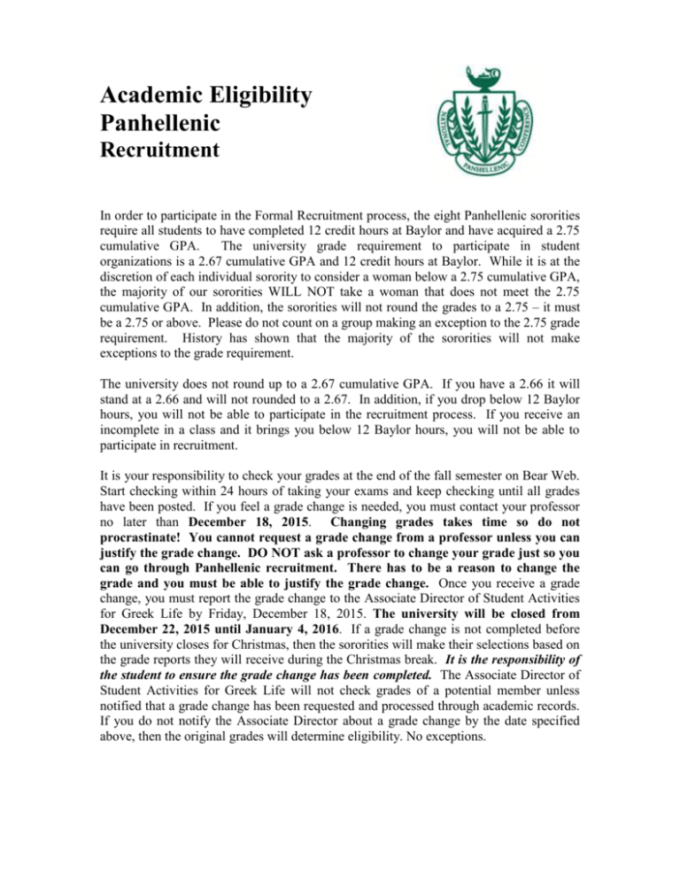 2016 Panhellenic Grade Requirements 2016 Panhellenic Grade Requirements