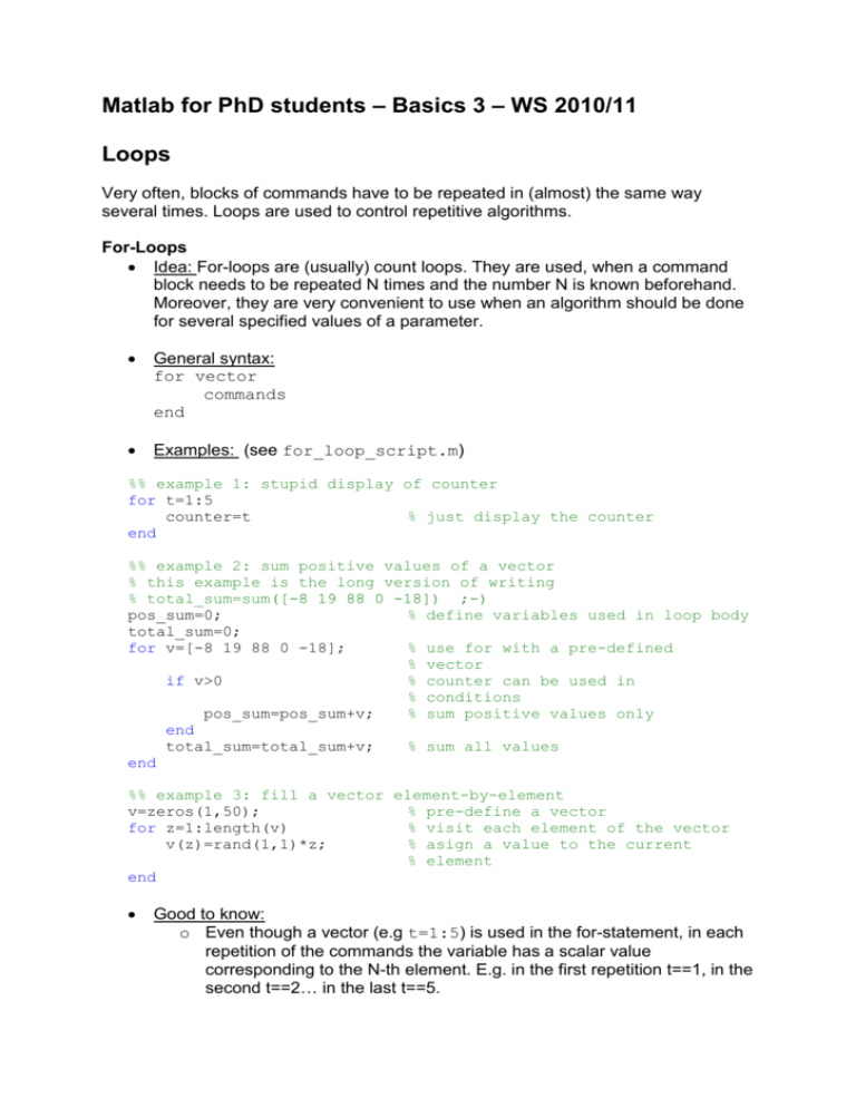 Matlab For PhD Students Basics 3 WS 2010 11 Loops