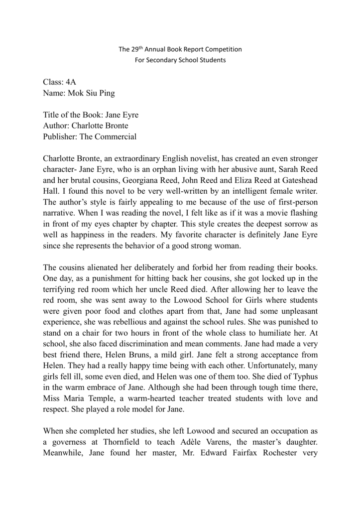 The 29th Annual Book Report Competition For Secondary School