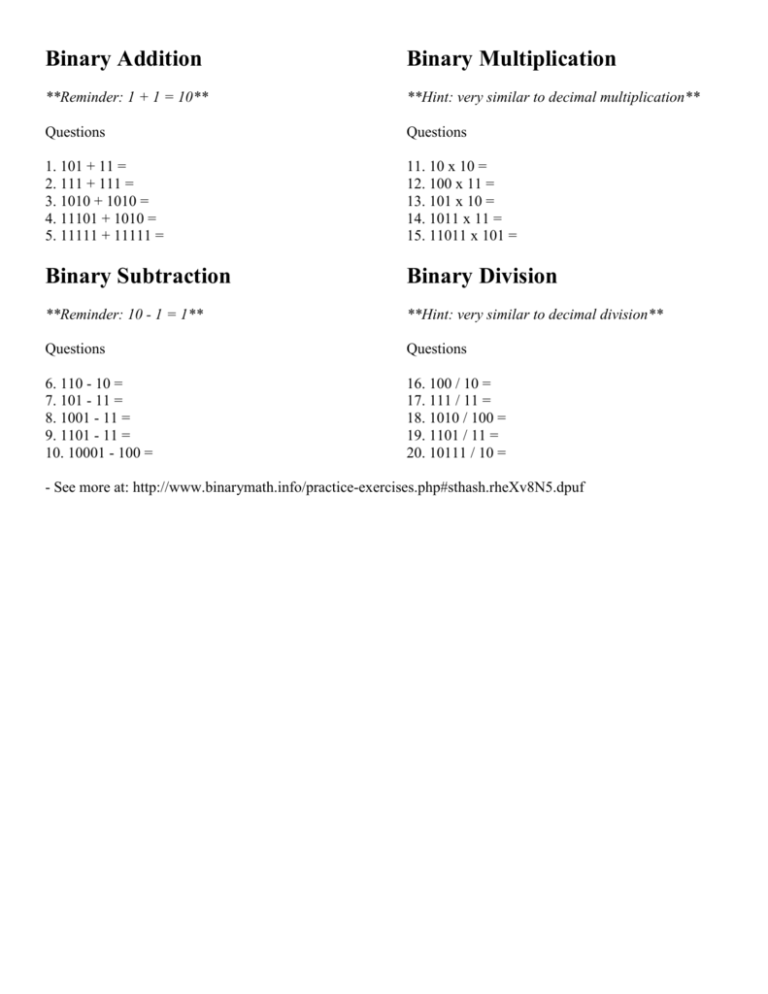 Binary Multiplication Binary Multiplication