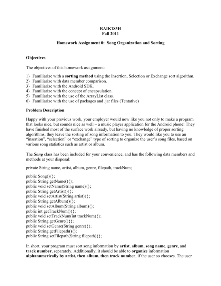 Homework Assignment 0 Song Organization And Sorting