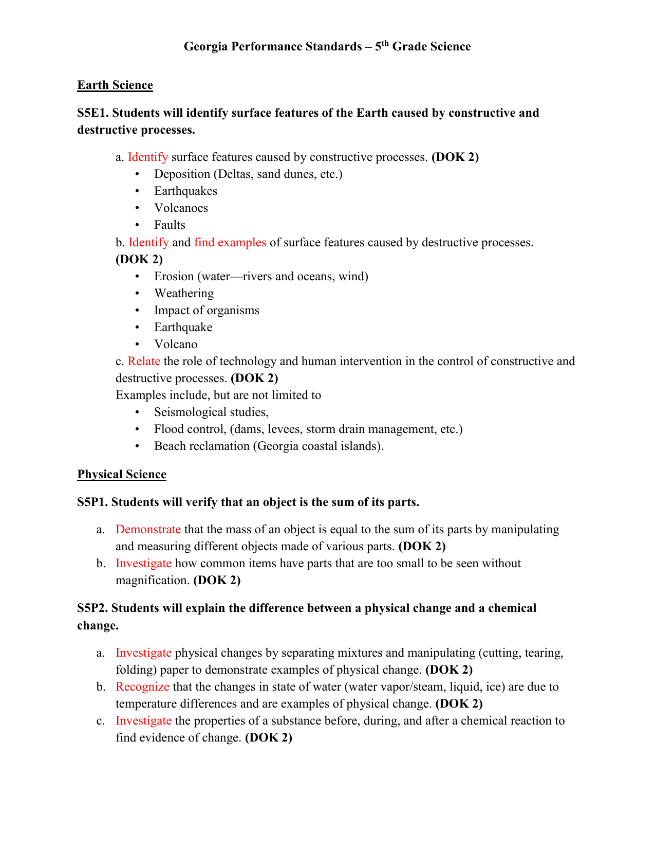 Fifth Grade Science Standards Fifth Grade Science Standards